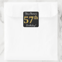 Black, Faux Gold 57th Birthday + Custom Name Square Sticker | Zazzle
