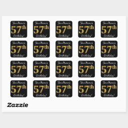 Black, Faux Gold 57th Birthday + Custom Name Square Sticker | Zazzle