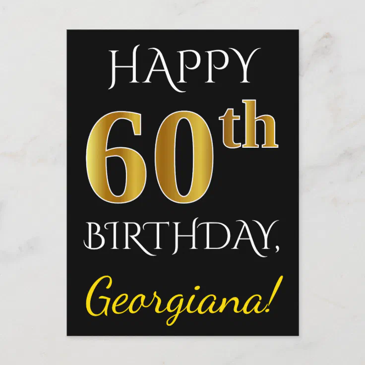 Black, Faux Gold 60th Birthday + Custom Name Postcard | Zazzle