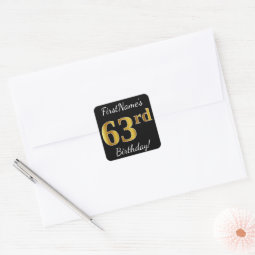 Black, Faux Gold 63rd Birthday + Custom Name Square Sticker | Zazzle