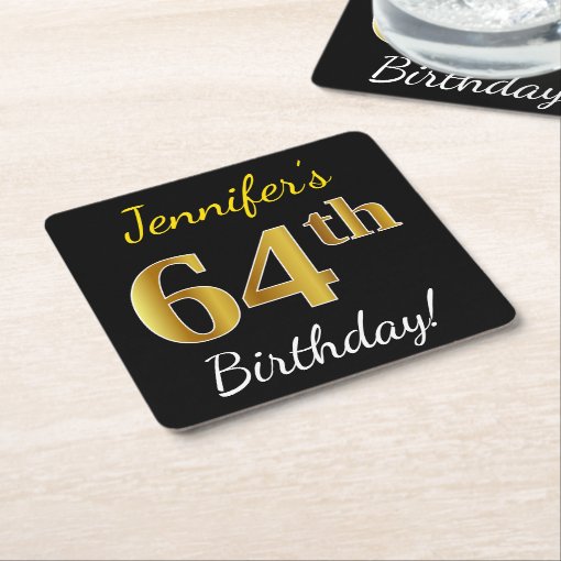 Black, Faux Gold 64th Birthday + Custom Name Square Paper Coaster | Zazzle