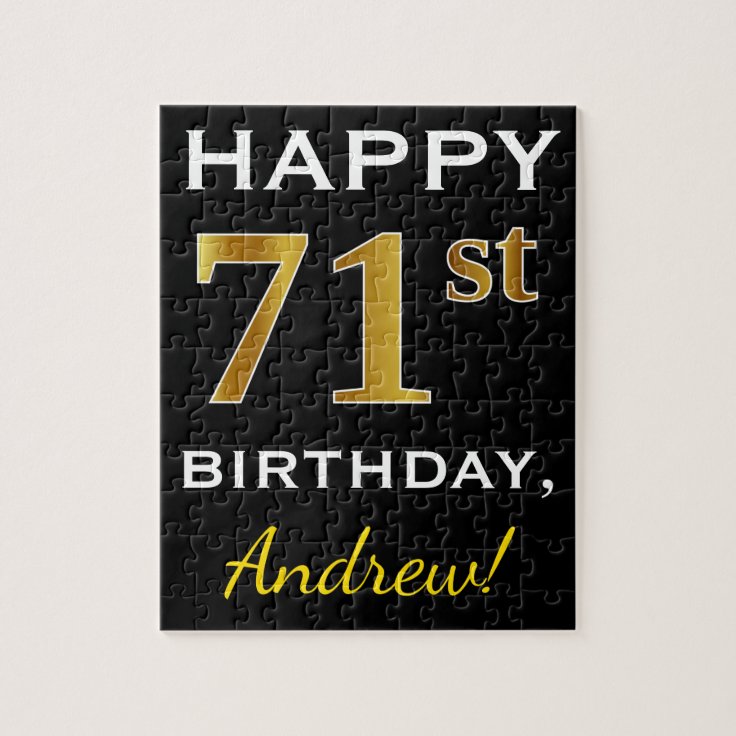 Black, Faux Gold 71st Birthday + Custom Name Jigsaw Puzzle | Zazzle