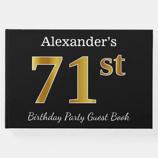 Black, Faux Gold 71st Birthday Party + Custom Name Guest Book | Zazzle