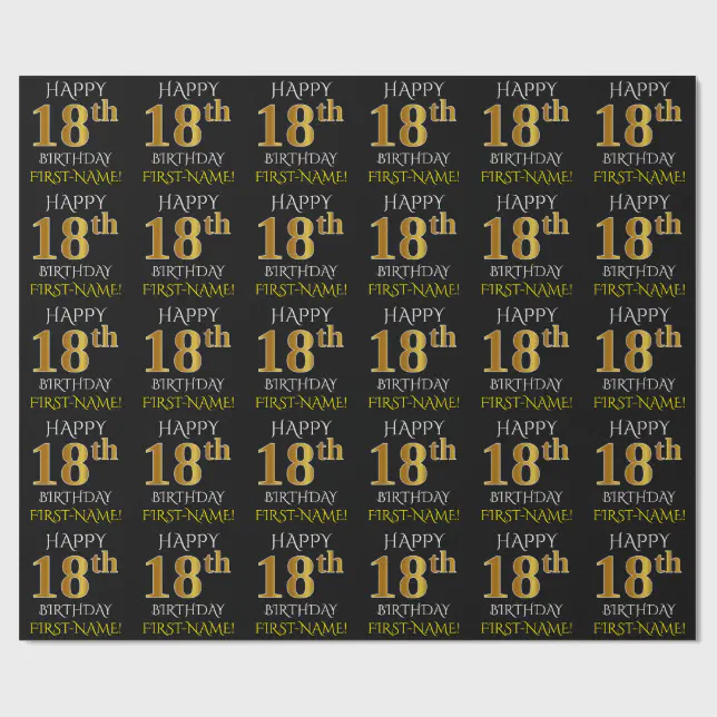 Black, Faux Gold "HAPPY 18th BIRTHDAY" Wrapping Paper | Zazzle