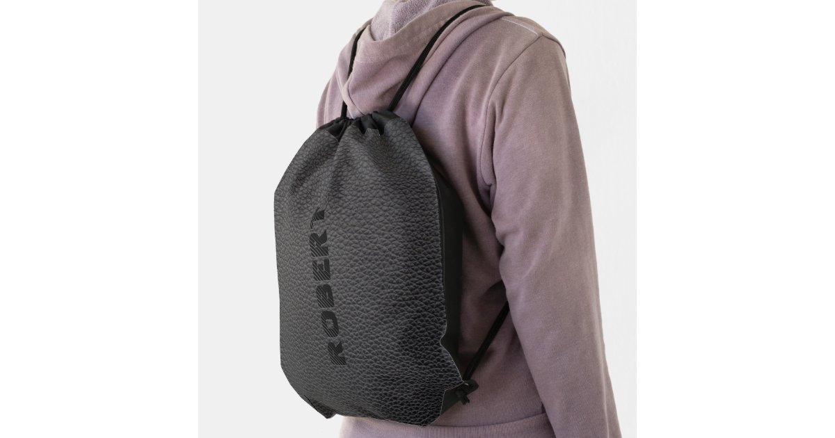 Black faux leather texture drawstring bag | Zazzle