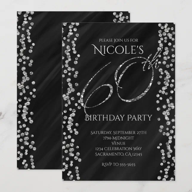 Black & Faux Silver Glitter Glam 60 60th Birthday Invitation | Zazzle