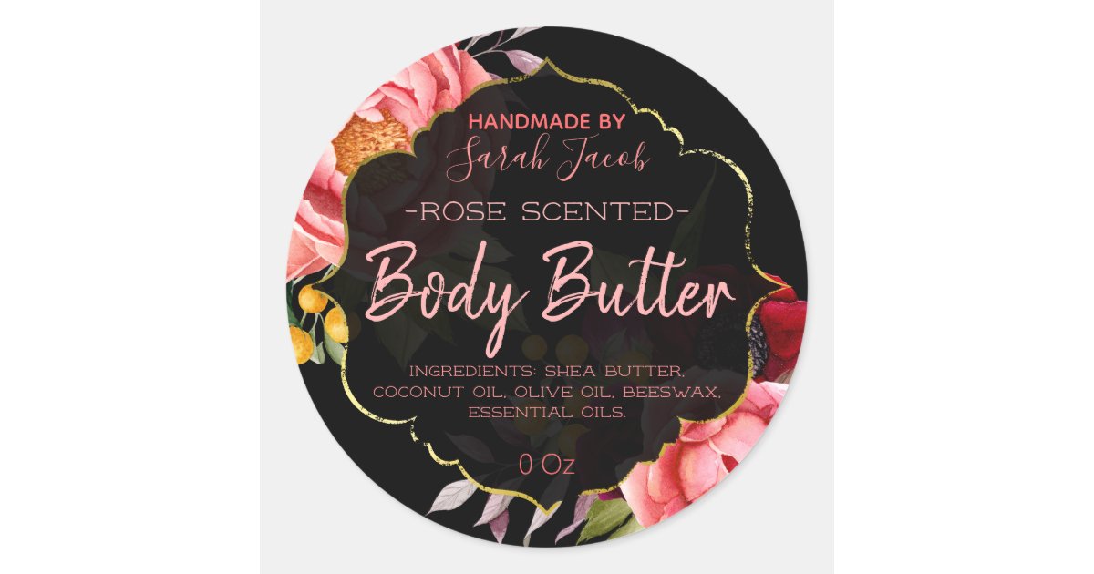Black Floral Body Butter Labels | Zazzle