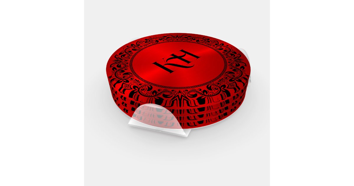 Black Floral Circle Metallic Red Background Coaster Set | Zazzle
