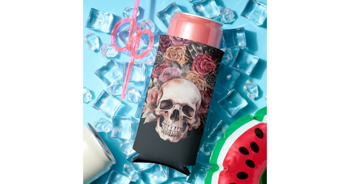 Black floral death, gothic birthday seltzer can cooler | Zazzle