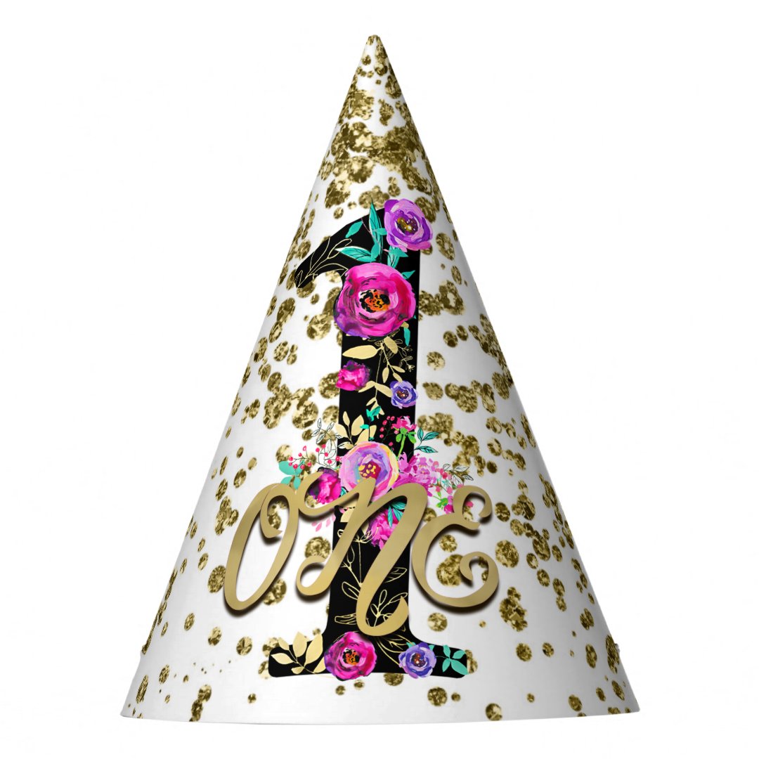 Black Floral Gold Glitter ONE 1 1st Birthday Party Party Hat | Zazzle