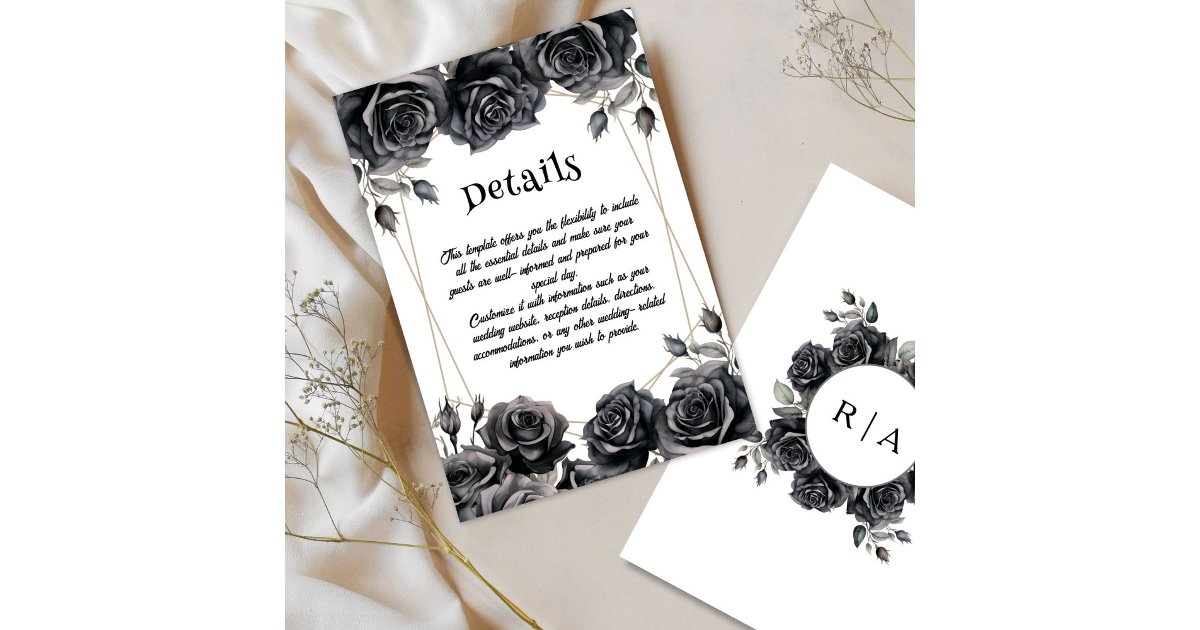 Black Floral Gothic Wedding Details Cards | Zazzle
