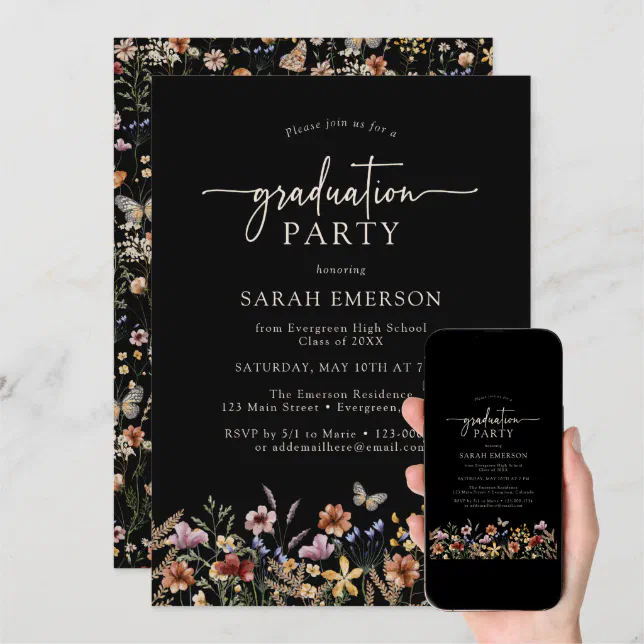 Black Floral Graduation Invitation | Zazzle