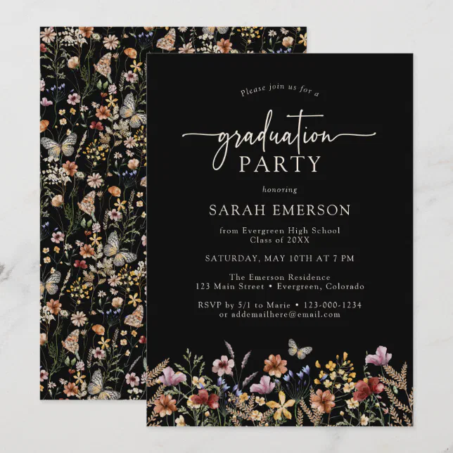 Black Floral Graduation Invitation | Zazzle