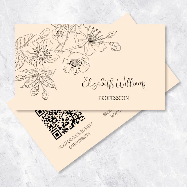 Black Floral Line Art Botanical QR-Code Business Card | Zazzle