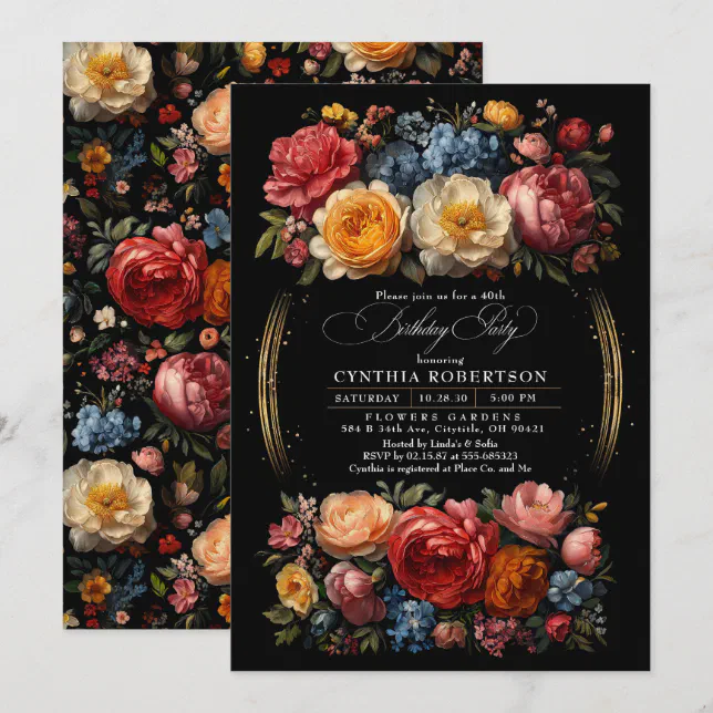Black Floral Moody Botanical Gothic Birthday Party Invitation | Zazzle