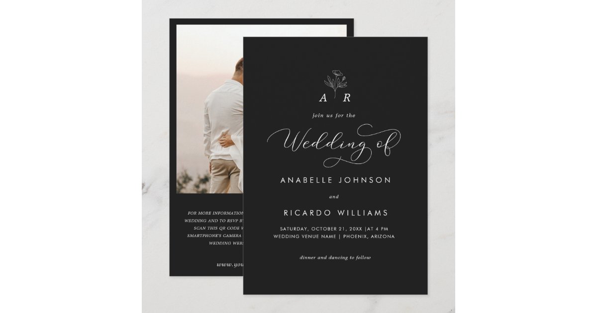 Black Flower Monogram Script Photo QR Code Wedding Invitation | Zazzle