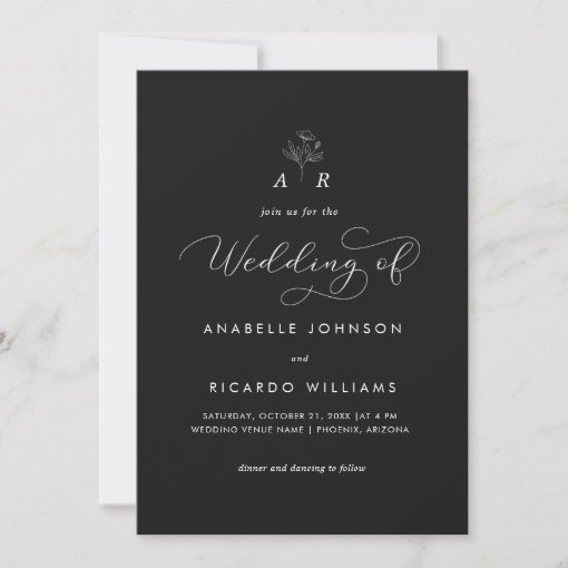 Black Flower Monogram Script Photo QR Code Wedding Invitation | Zazzle