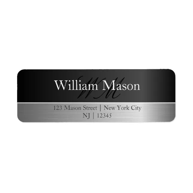 Black Foil & Brushed Steel Monogram Address Label | Zazzle