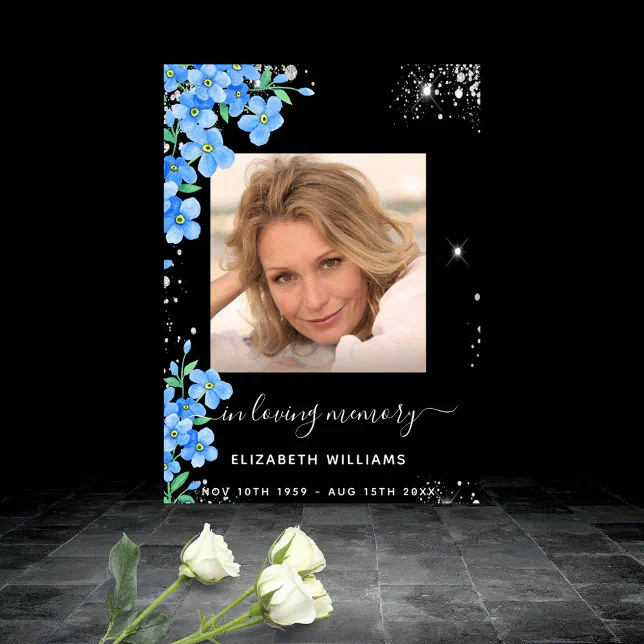 Black forget me not floral photo memorial funeral poster | Zazzle