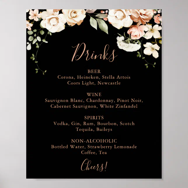 Black Formal Royal Floral Wedding Drinks Menu Sign | Zazzle
