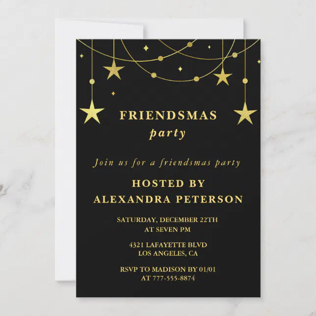 Black Friendsmas invitations Party Gold Stars | Zazzle