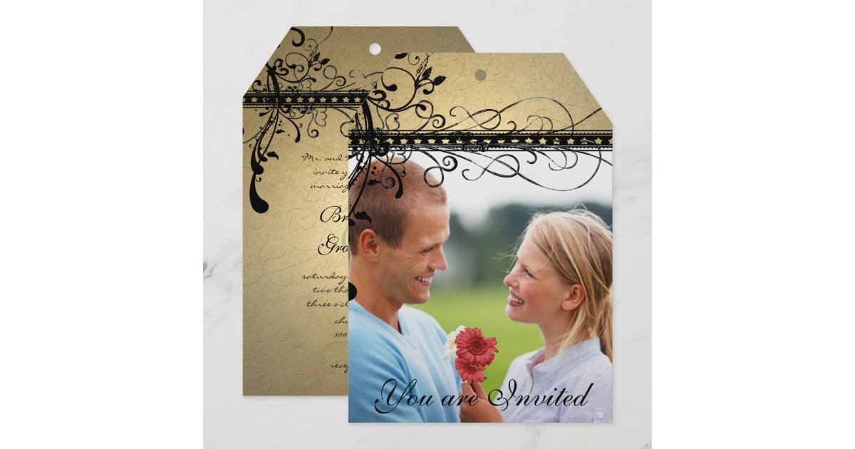 Black Funky Elegant Swirl Wedding Photo Invitation | Zazzle