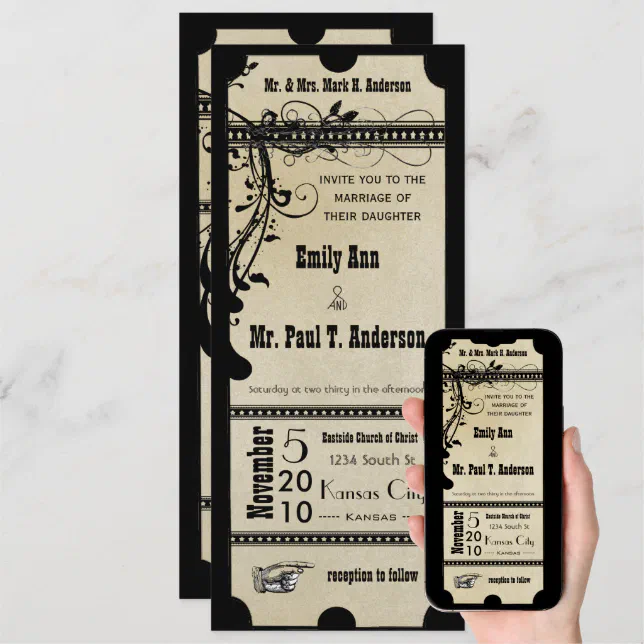 Black Funky Textured Playbill Swirls Wedding Invitation | Zazzle