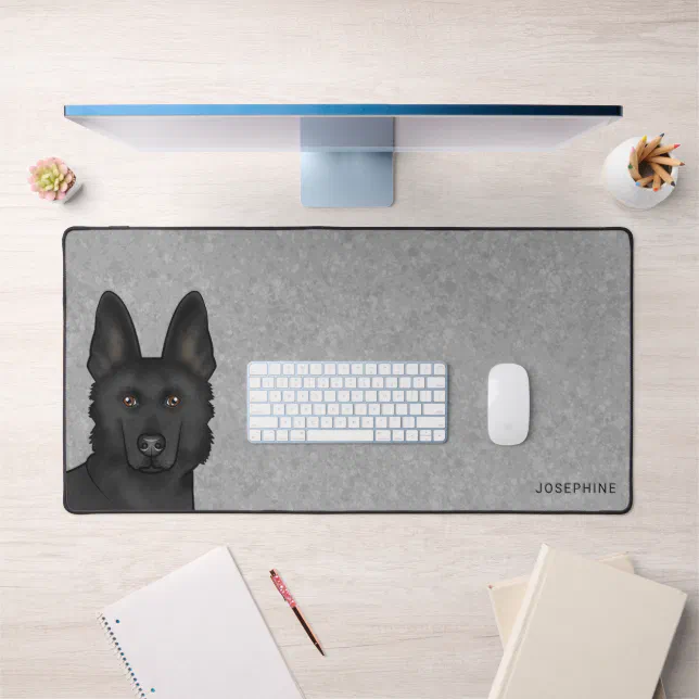 Black German Shepherd Head And Custom Name On Gray Desk Mat | Zazzle