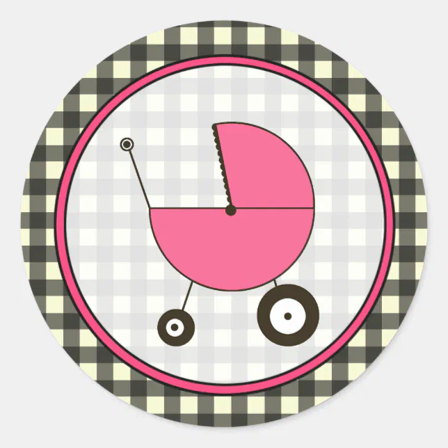 Black Gingham and Pink Baby Carriage Sticker | Zazzle