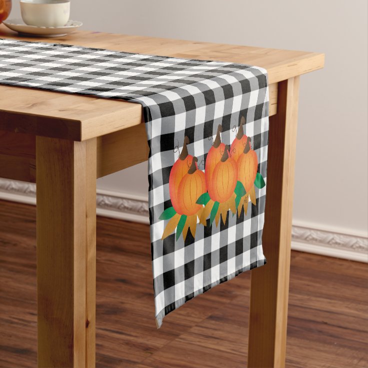 Black Gingham pattern and pumpkins table runner | Zazzle