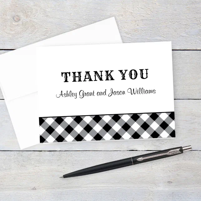 Black Gingham Plaid Wedding Monogram Thank You Card | Zazzle