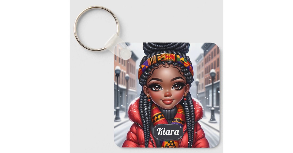 Black girl African American with Braids Keychain | Zazzle
