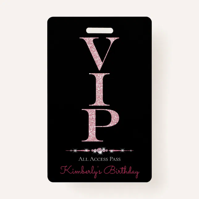 Black Glamorous Diamonds Pink Glitter VIP Loyalty Badge | Zazzle