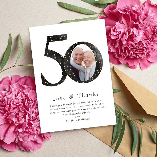 Black Glitter 50th Anniversary Photo Thank You Card | Zazzle