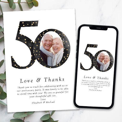 Black Glitter 50th Anniversary Photo Thank You Card | Zazzle
