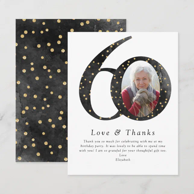 Black Glitter 60th Birthday Photo Thank You Card | Zazzle