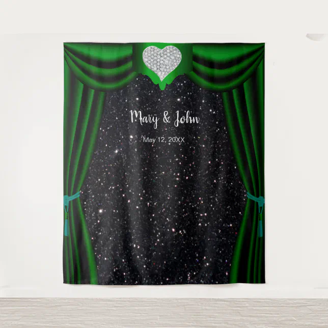 Black Glitter Diamond Heart Green Curtain Backdrop | Zazzle