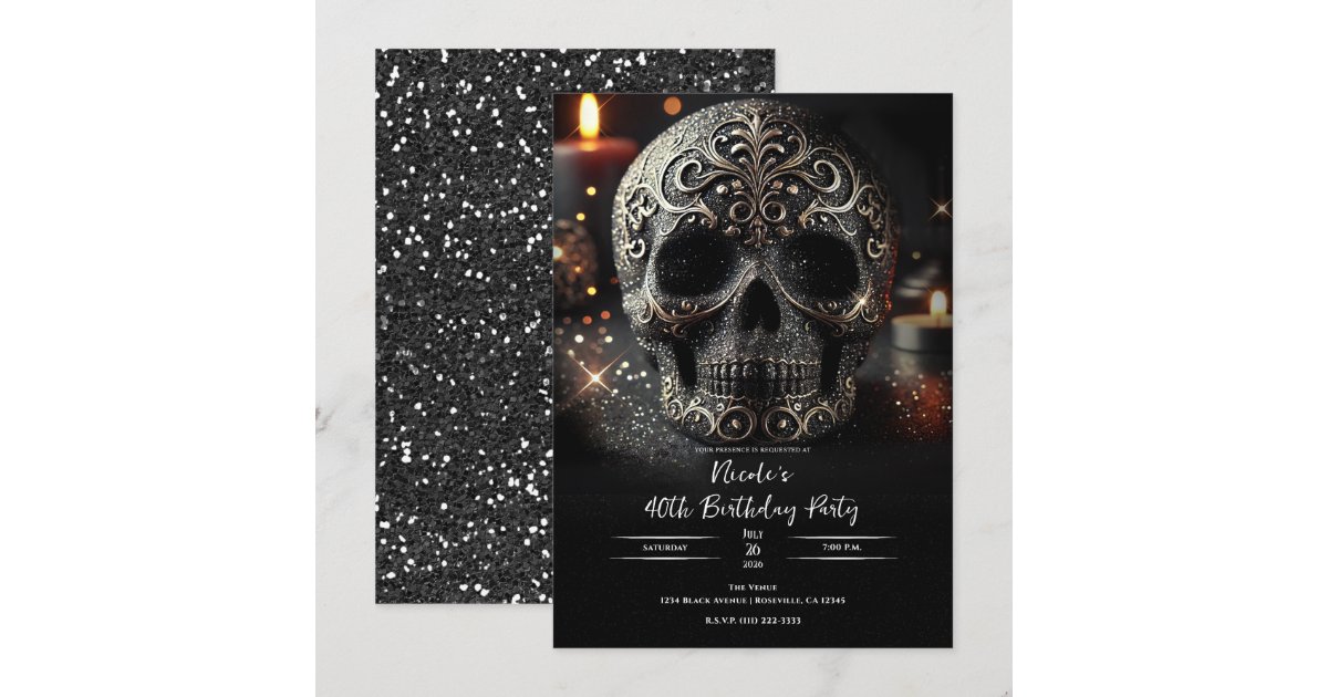 Black Glitter Glam Sparkle Skull Gothic Birthday Invitation | Zazzle