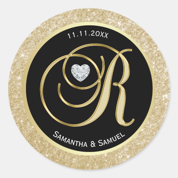 Black Glitter Gold Monogram Letter R Wedding Seals | Zazzle.com