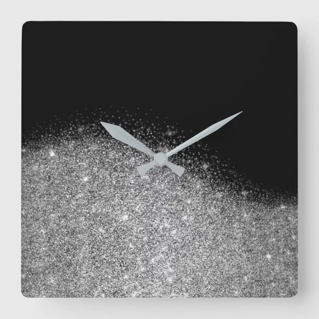 Black Glitter Gray Silver Minimal Metallic Urban Square Wall Clock | Zazzle