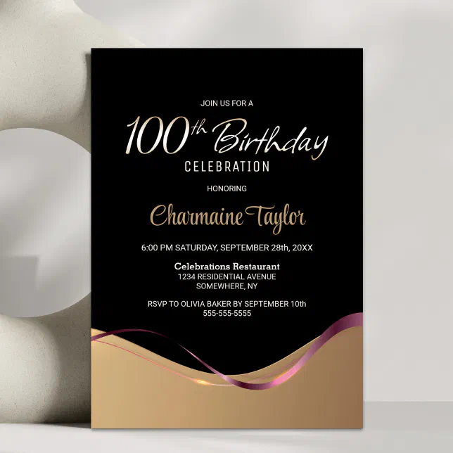 Black Gold 100th Birthday Party Invitation | Zazzle