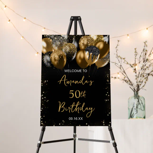 Black Gold 50th Birthday Party Welcome Sign | Zazzle