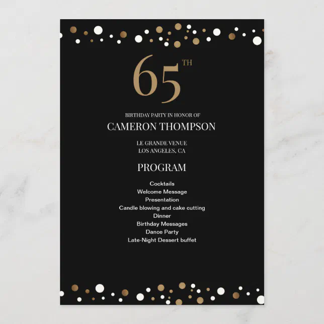 Black Gold 65th birthday Elegant Party Program | Zazzle