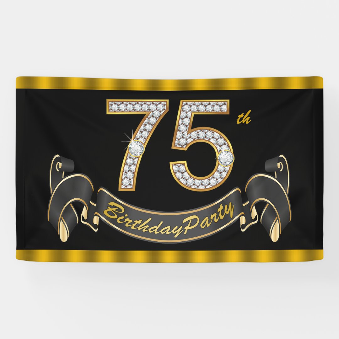 Black Gold 75th Birthday Party Banner | Zazzle