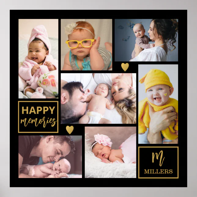 Black & Gold 7 Photo Collage Family Name Monogram Poster | Zazzle