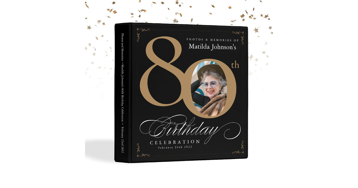 Black Gold 80th Birthday Calligraphy Elegant Photo 3 Ring Binder | Zazzle