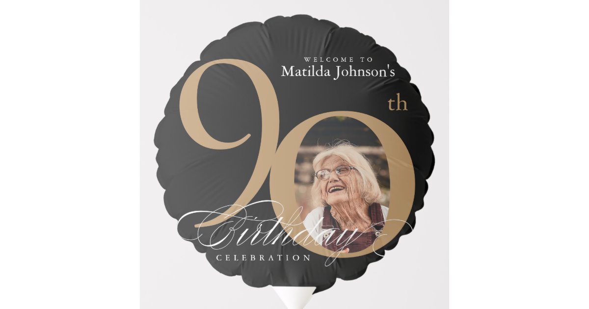 Black Gold 90th Birthday Calligraphy Custom Photo Balloon | Zazzle