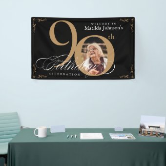 Black Gold 90th Birthday Elegant Calligraphy Photo Banner | Zazzle
