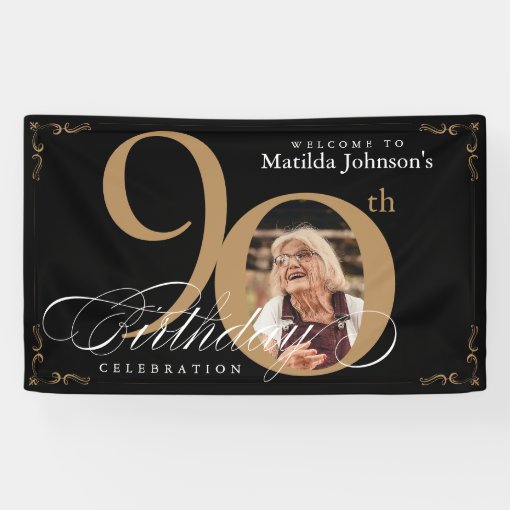 Black Gold 90th Birthday Elegant Calligraphy Photo Banner | Zazzle