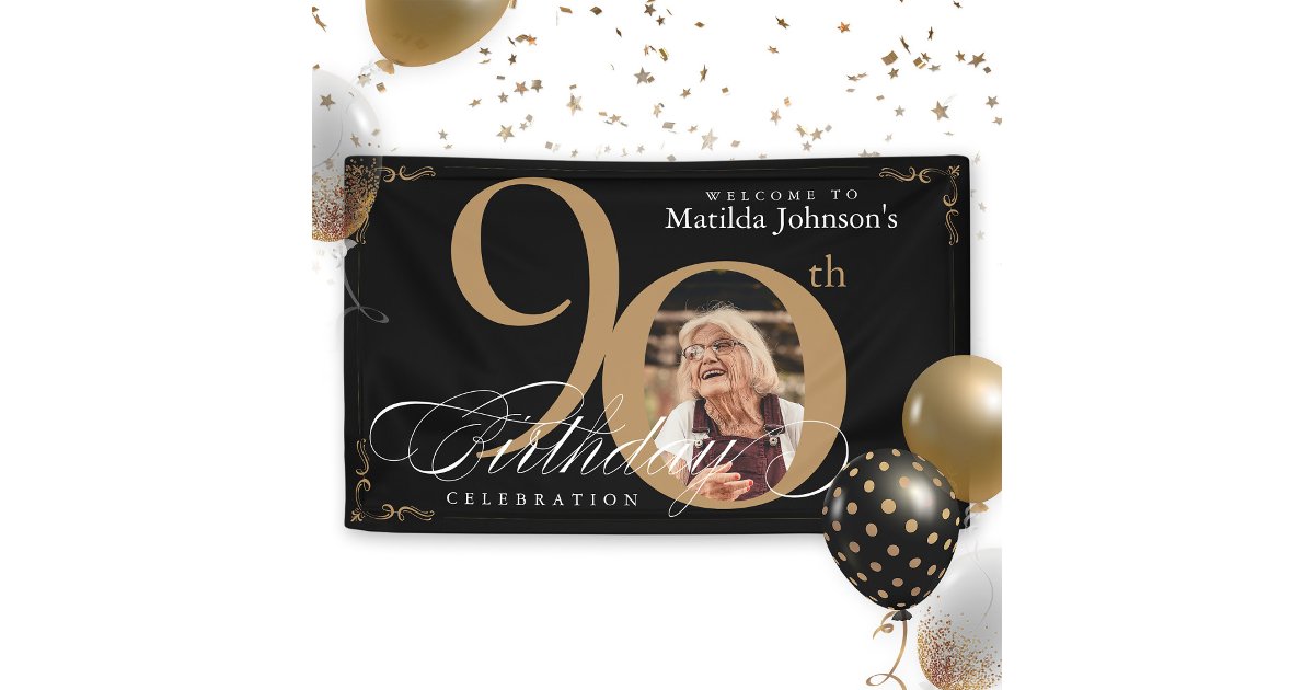 Black Gold 90th Birthday Elegant Calligraphy Photo Banner | Zazzle
